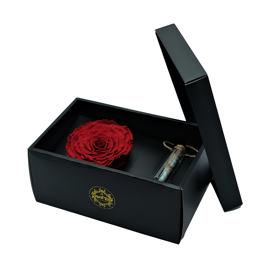 Red Infinity Rose in a Signature Box with a Message Bottle – Deserto Flower